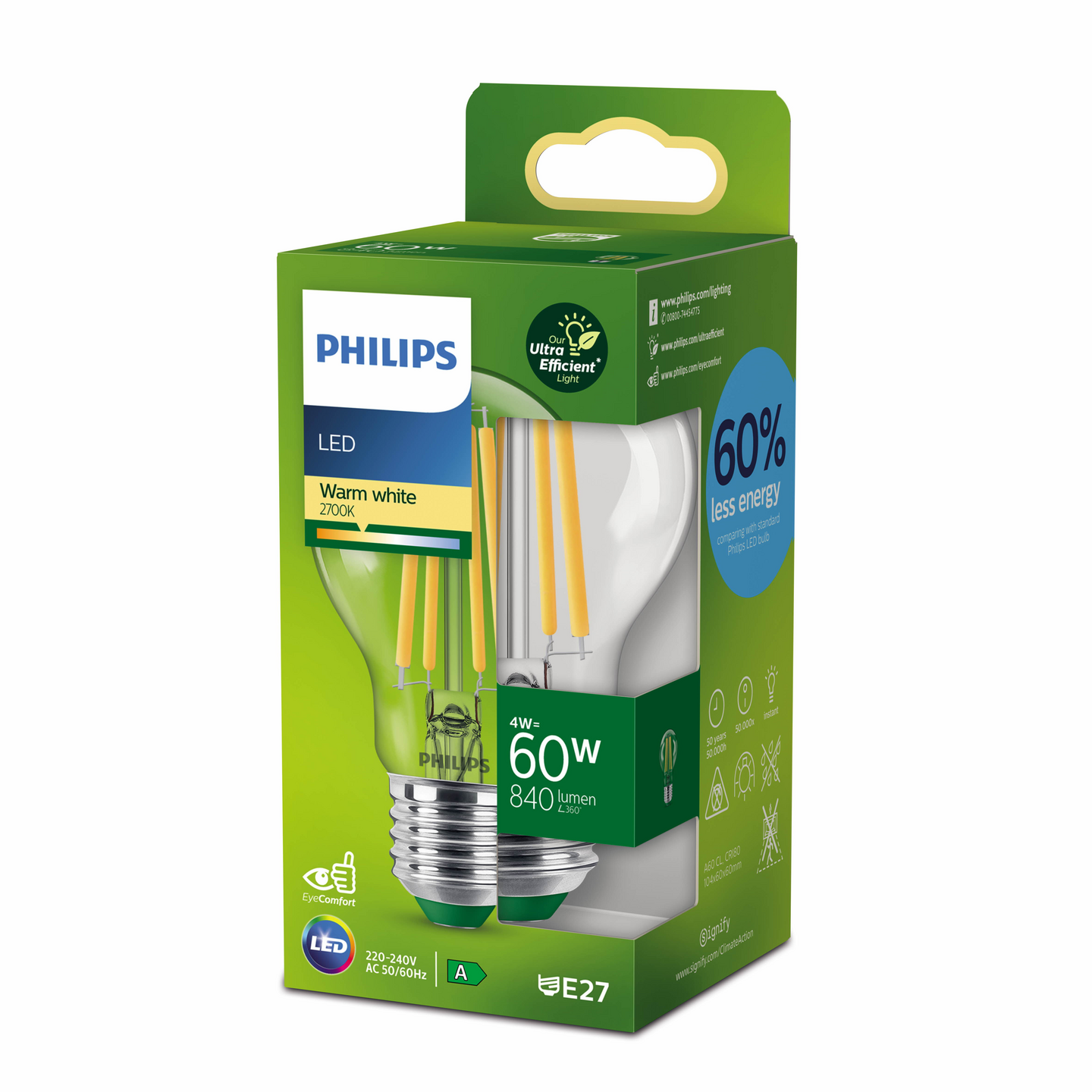 Led-lamppu Philips Ultra Efficient 60W E27 2700K 840lm läpinäkyvä lasi ...