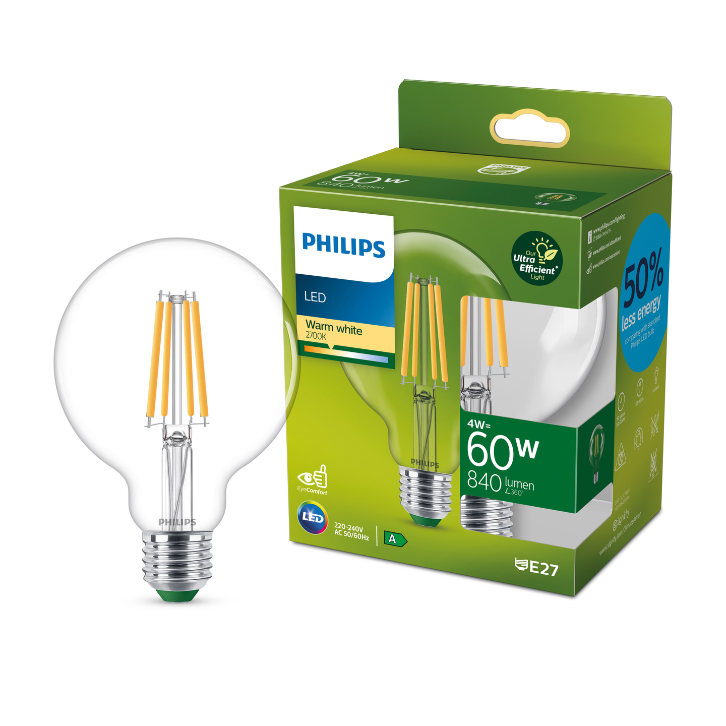 Led-lamppu Philips Ultra Efficient 60W E27 2700K 840lm läpinäkyvä lasi ...