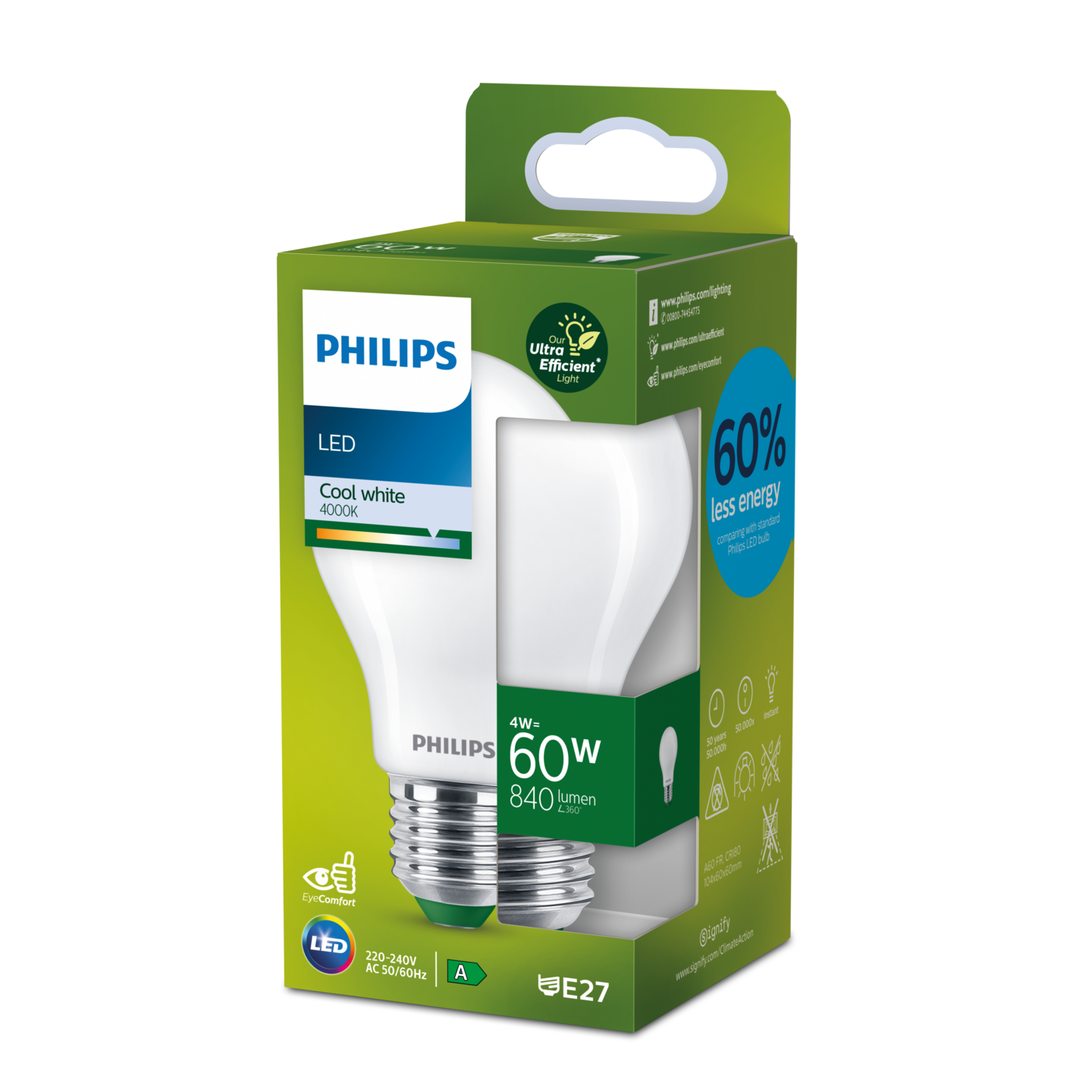 Led-lamppu Philips Ultra Efficient 60W E27 4000K 840lm huurrettu lasi ...