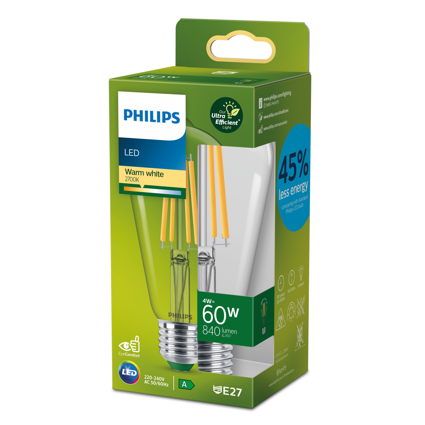 Led-lamppu Philips Ultra Efficient 60W E27 2700K 840lm läpinäkyvä lasi ...