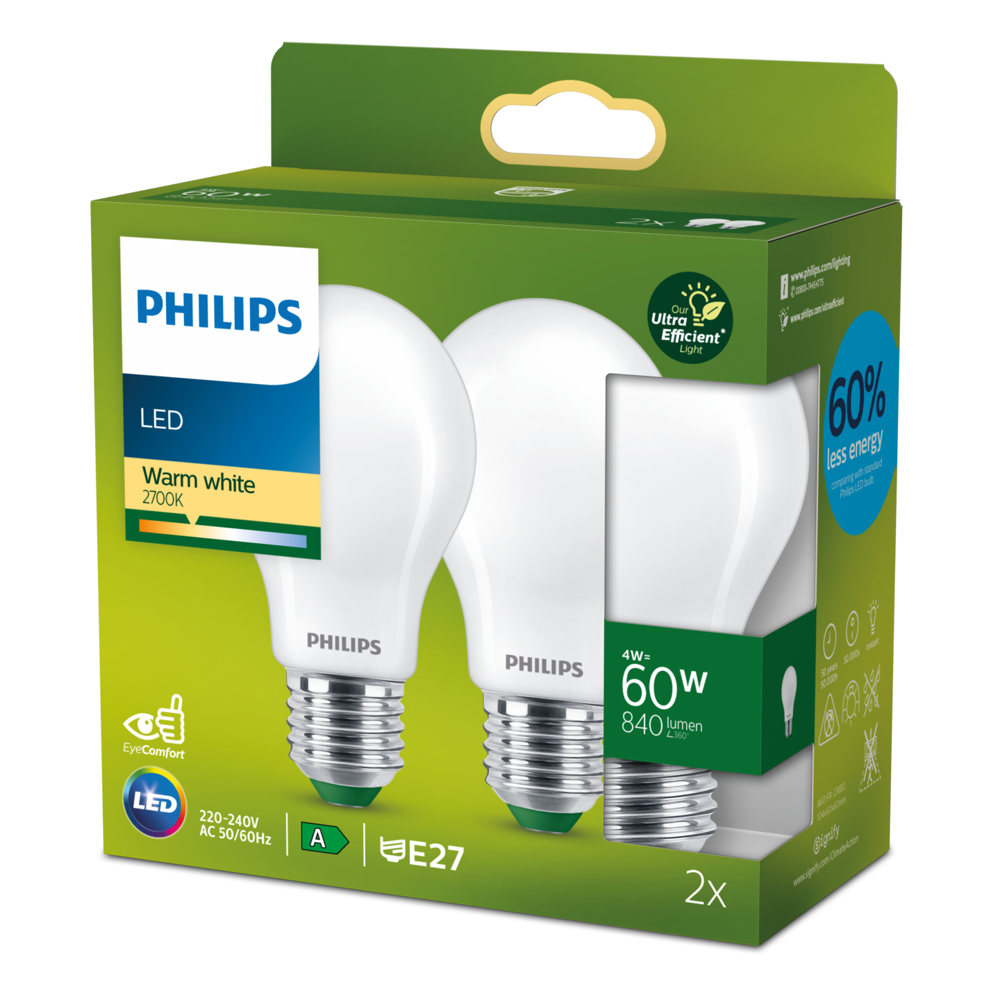 Led-vakiolamppu Philips Ultra Efficient A60 840lm 4W E27 2700K ...
