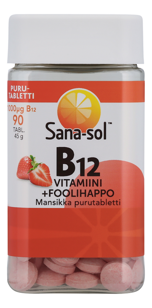 Sana-sol B12-vitamiini 1000µg+foolihappo Mansikka purutabletti ...