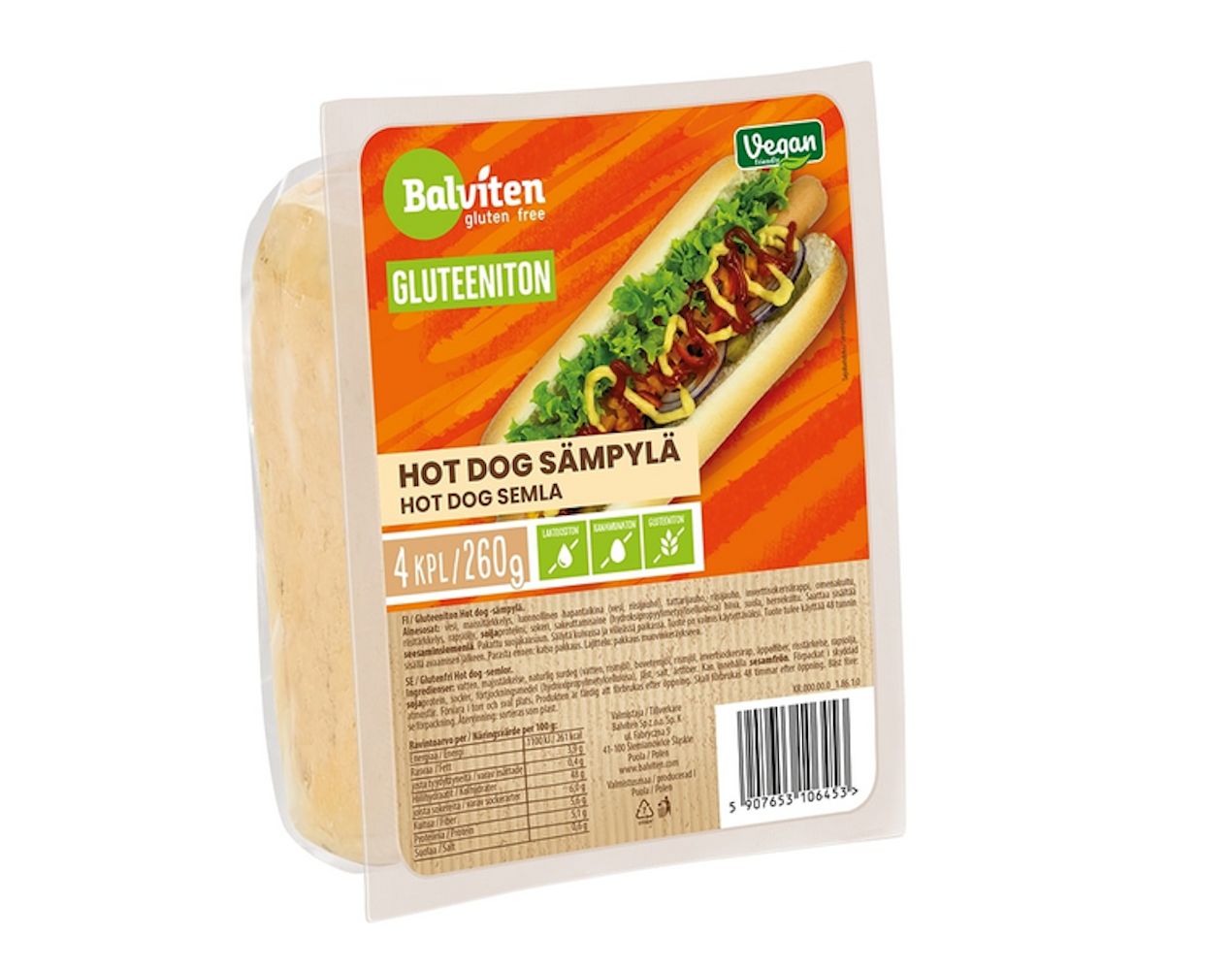 Balviten Gluteeniton hot dog sämpylä 4kpl/260g — HoReCa-tukku Kespro