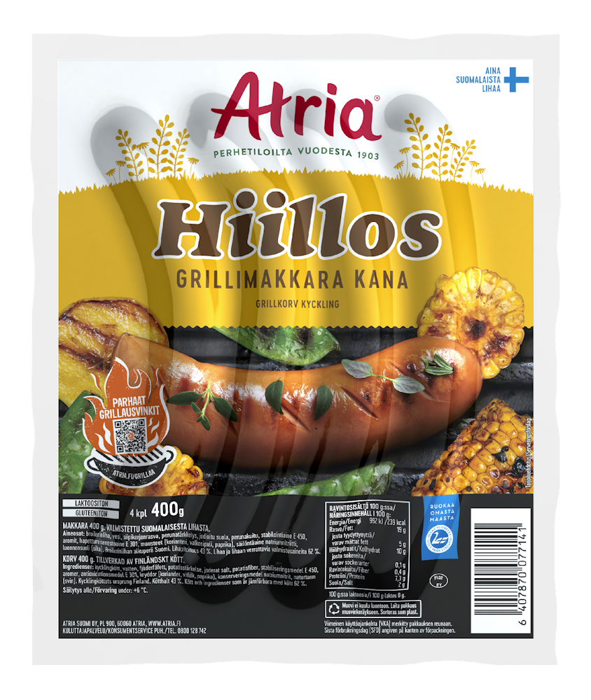 Atria Hiillos Grillimakkara Kana 400g — HoReCa-tukku Kespro