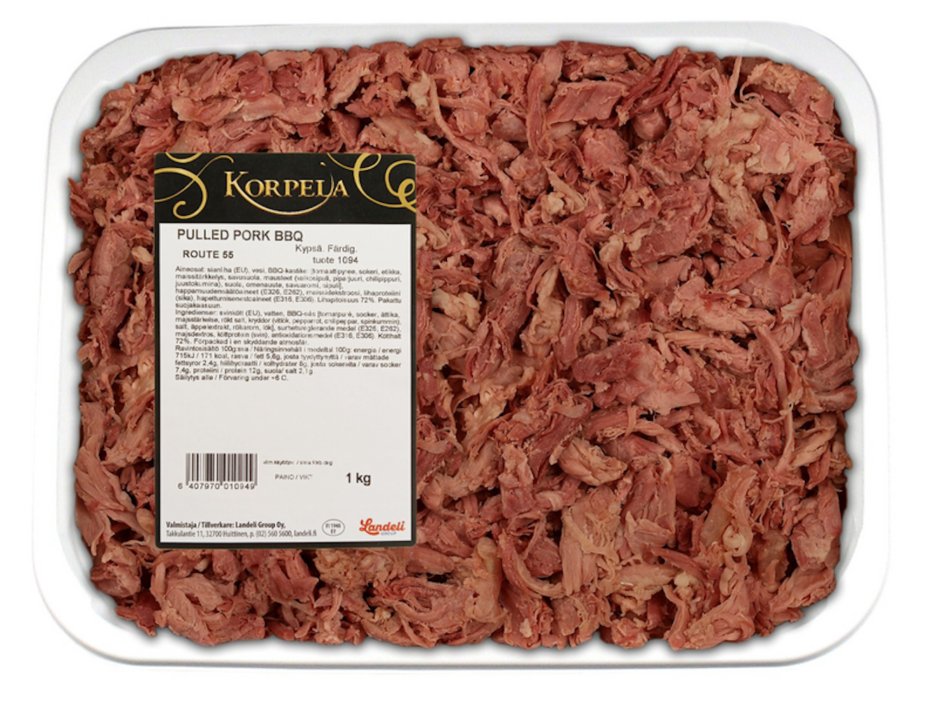 Korpela Route 55 pulled pork BBQ kypsä 1kg — HoReCa-tukku Kespro