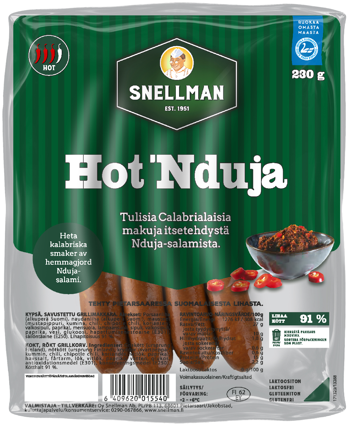 Snellman Hot nduja grillimakkara 230g | K-Ruoka Verkkokauppa