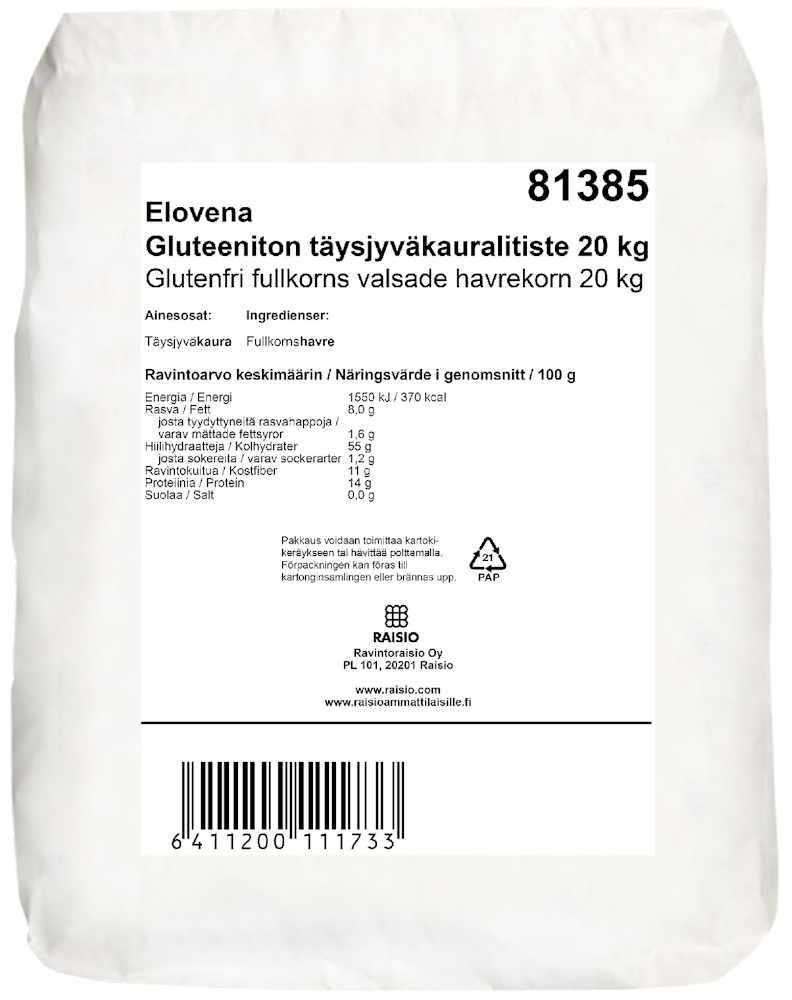Elovena gluteeniton täysjyväkauralitiste 20kg — HoReCa-tukku Kespro