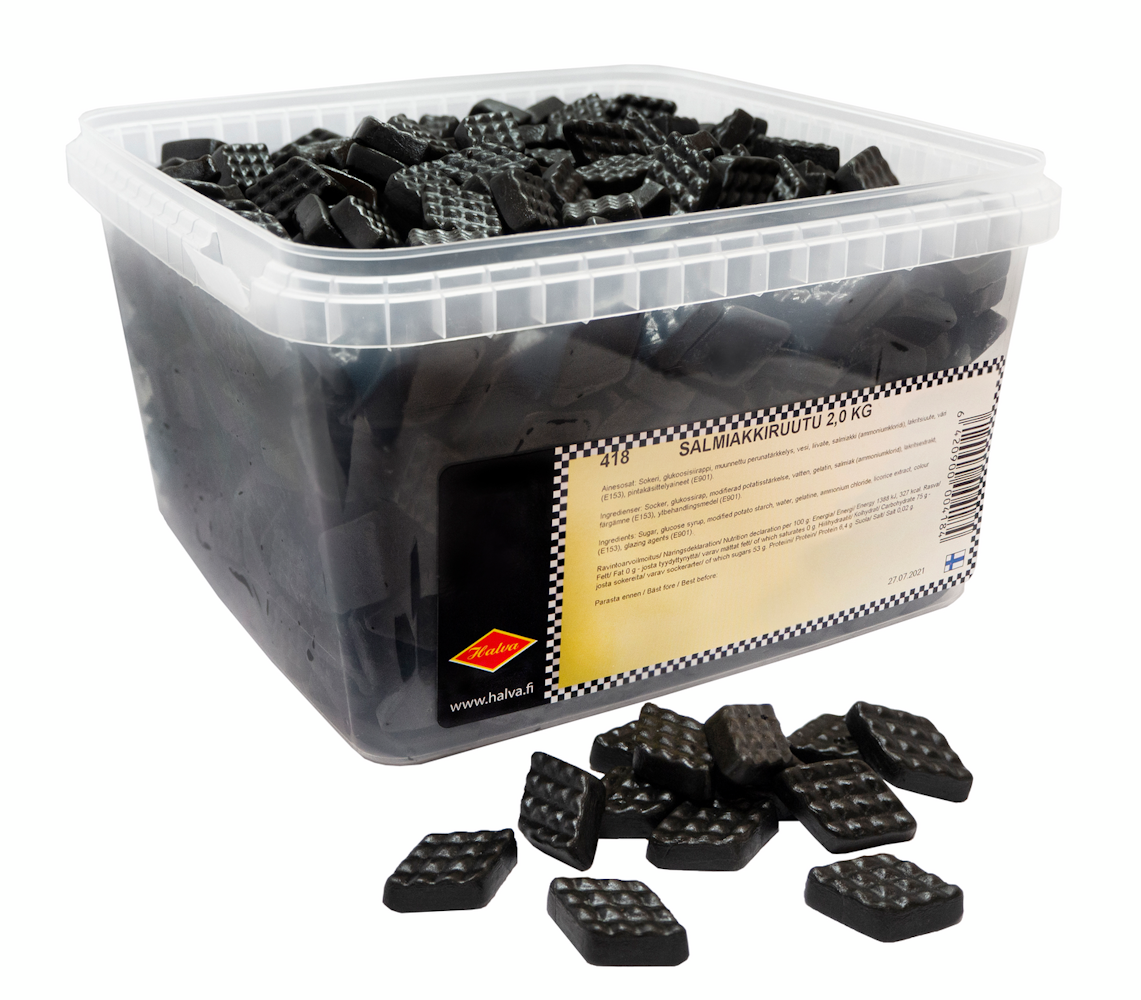 Halva Salmiakkiruutu 2kg rasia — HoReCa-tukku Kespro