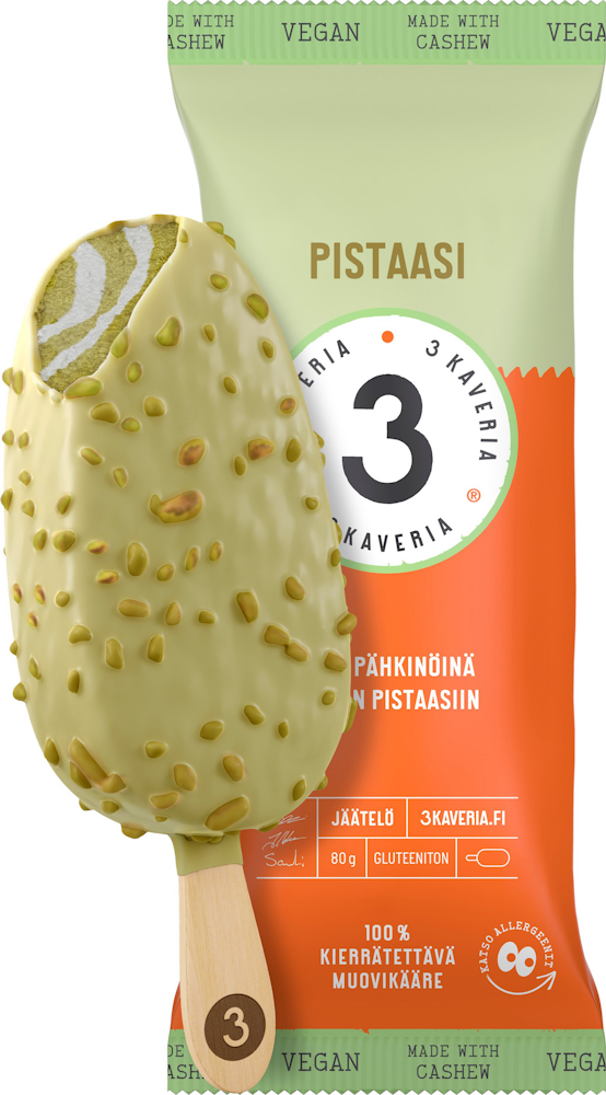 3 Kaveria Vegaaninen Pistaasi jäätelöpuikko 110ml/80g — HoReCa-tukku Kespro