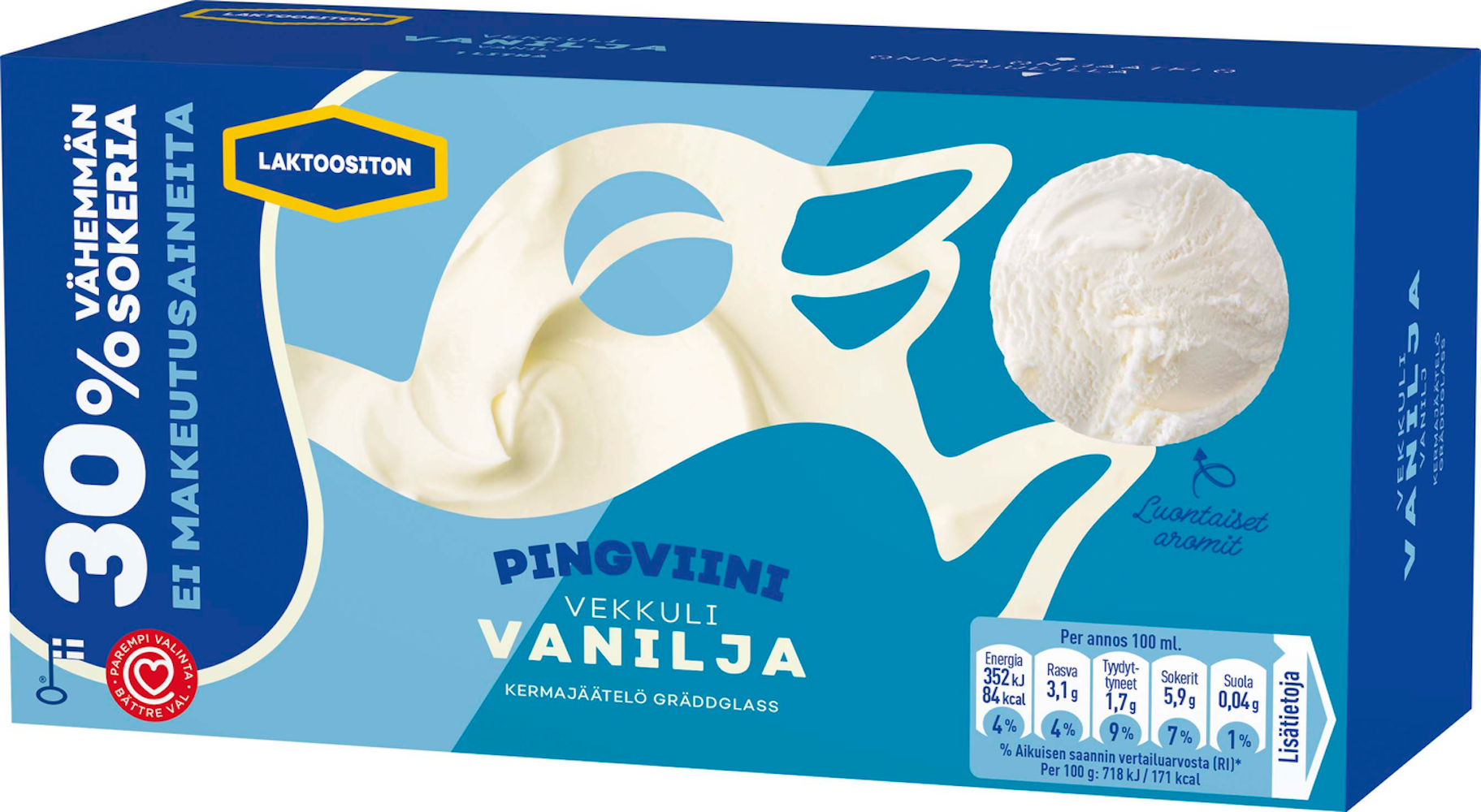 Pingviini Vanilja Vähemmän sokeria Laktoositon kermajäätelö kotipakkaus ...