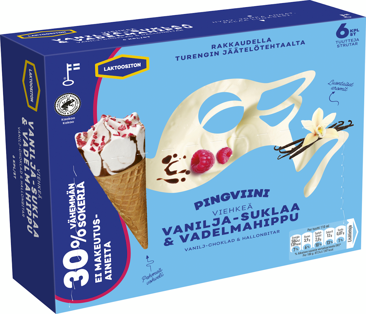 Pingviini Vanilja-Suklaa & Vadelmahippu, Laktoositon monipakkaus 6x67g ...