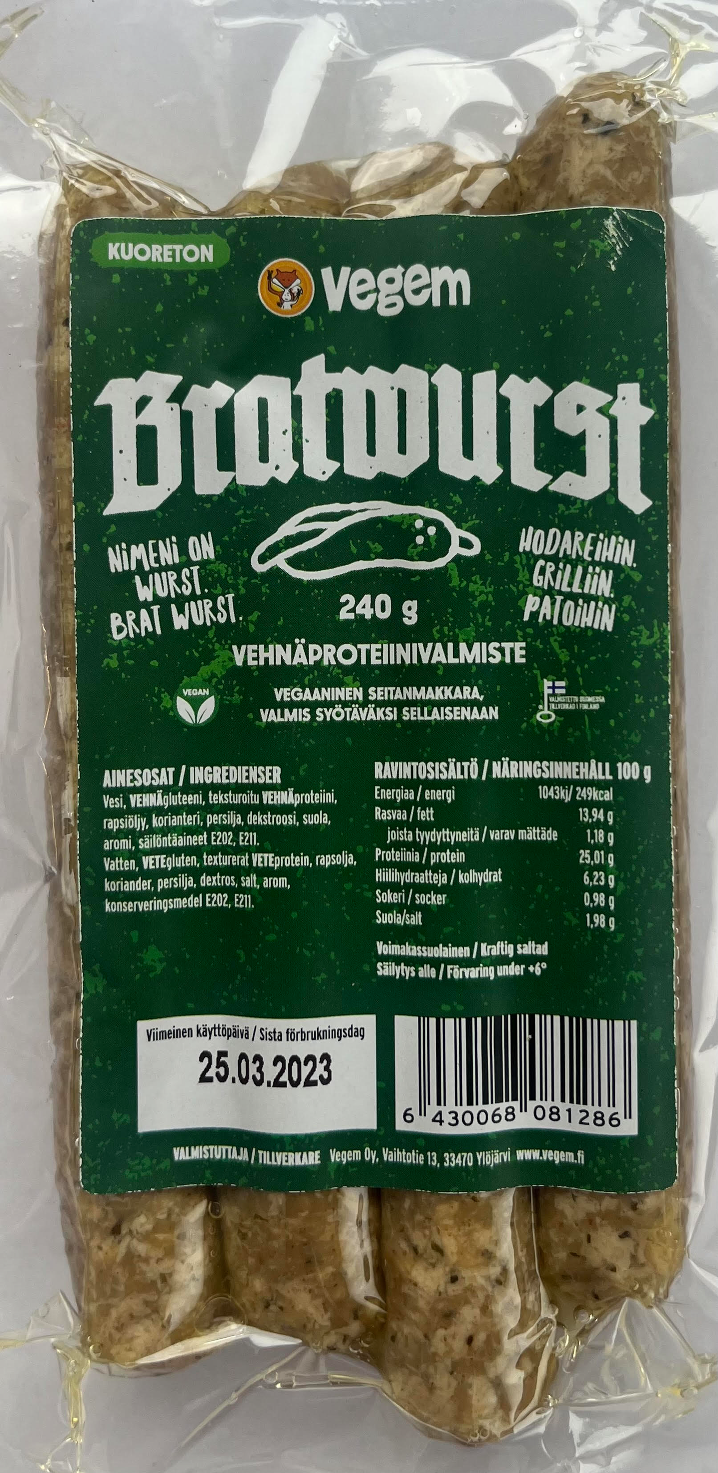 Vegem Bratwurst 240g | K-Ruoka Verkkokauppa