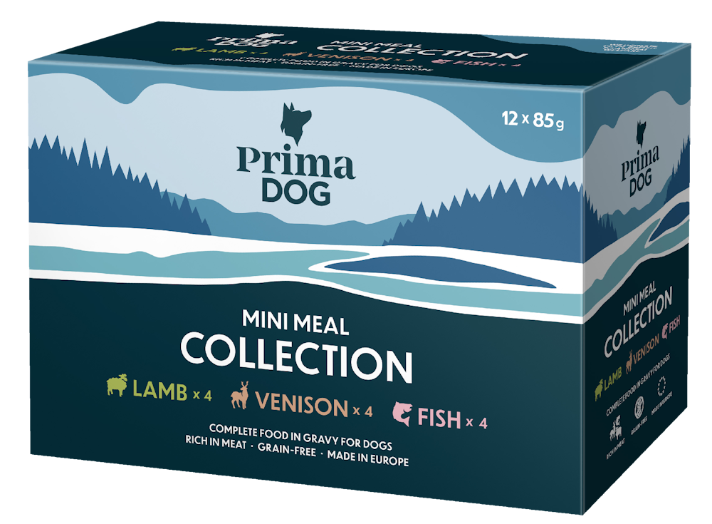 PrimaDog Mini Meal Lajitelma kastikkeessa 12 x 85 g — HoReCa-tukku Kespro
