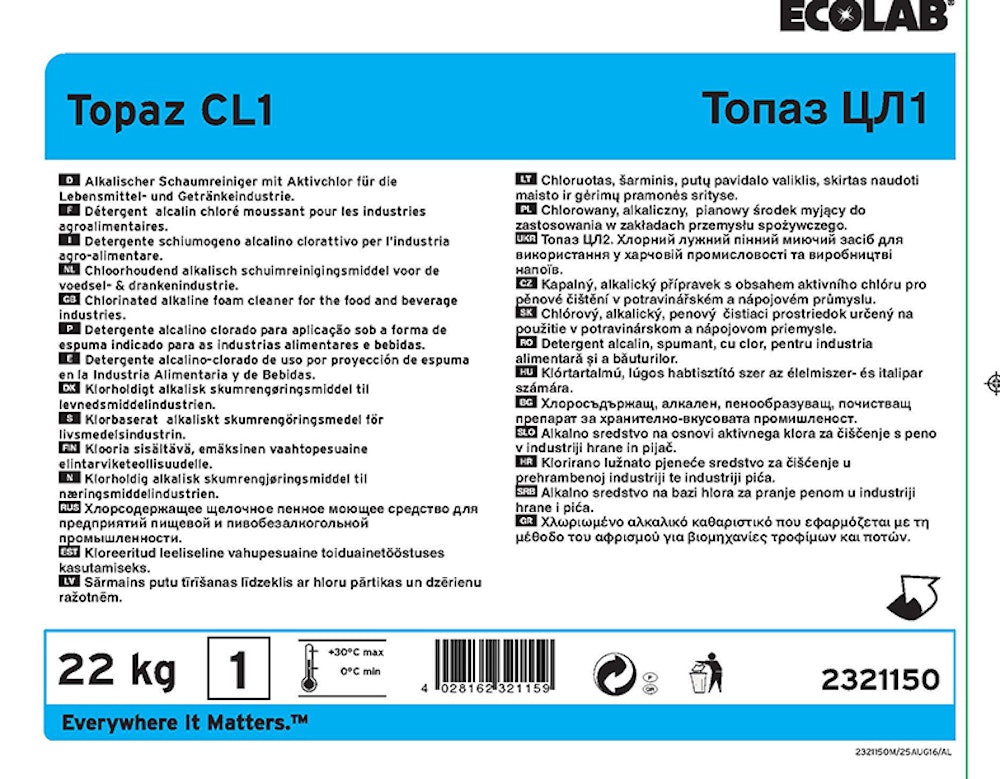 Ecolab Topaz CL1 vaahtopuhdistusaine 22kg — HoReCa-tukku Kespro